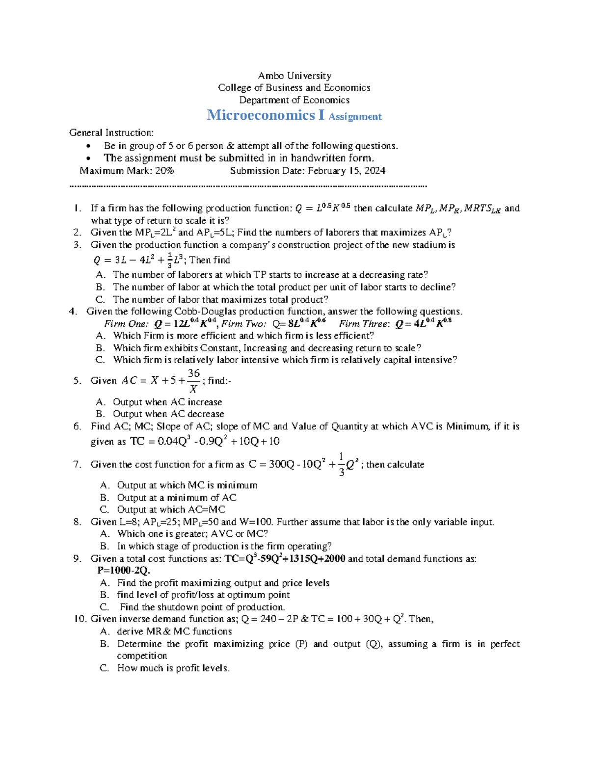 Microeconomics I Assignment Analyzing Production Cost Functions