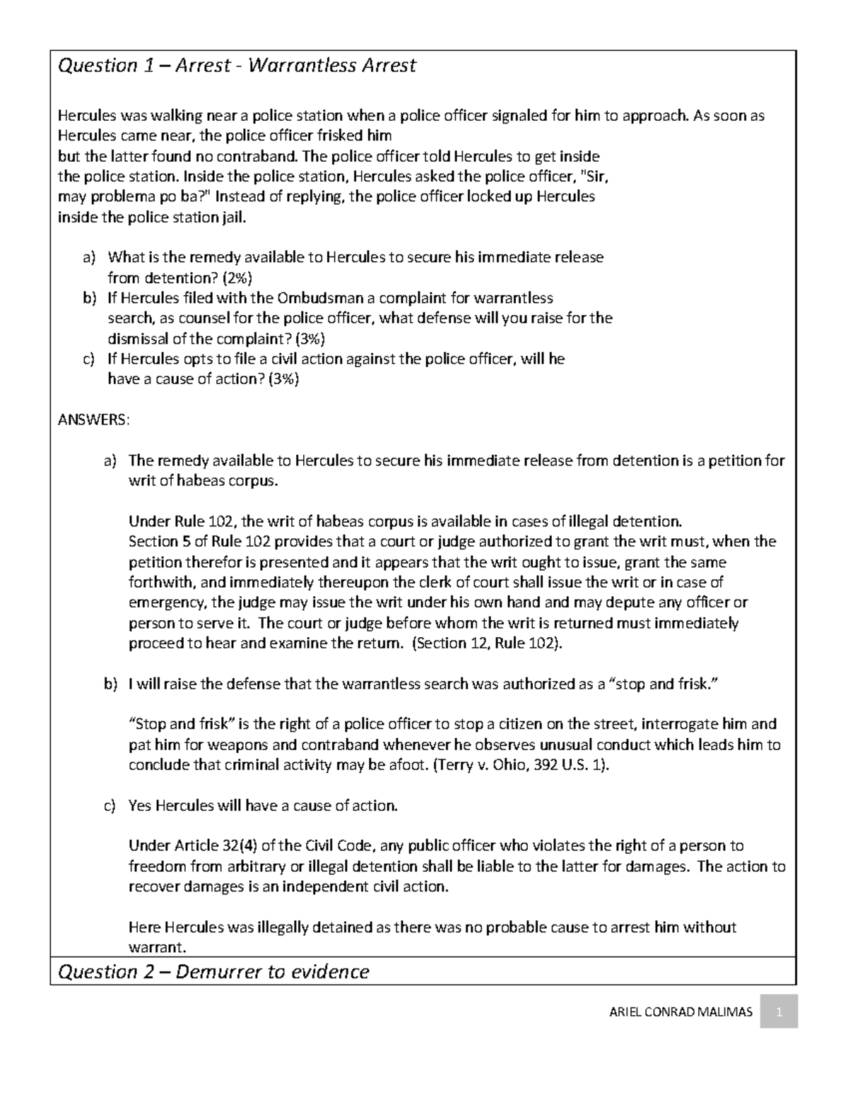 Bar Exam Questions: Criminal Procedure Analysis and Remedies - Studocu