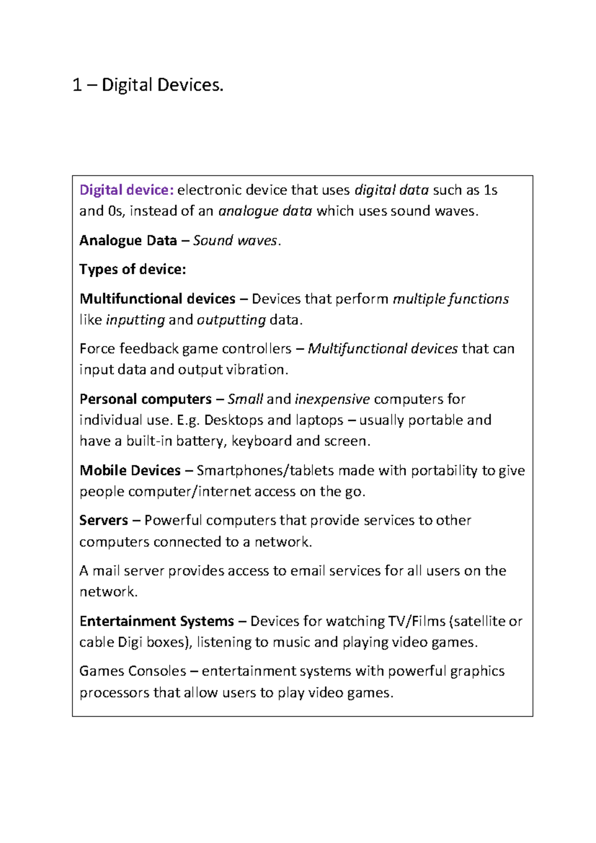 Unit 1 - IT Exam Revision: Digital Devices Overview and Functions - Studocu