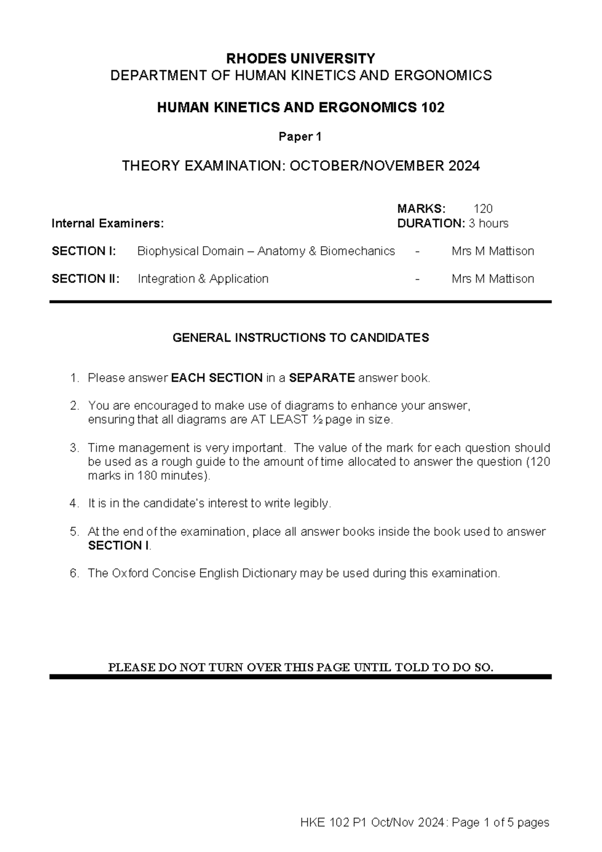 HKE 102 P1 2024: Practice Exam Paper for Human Kinetics and Ergonomics ...