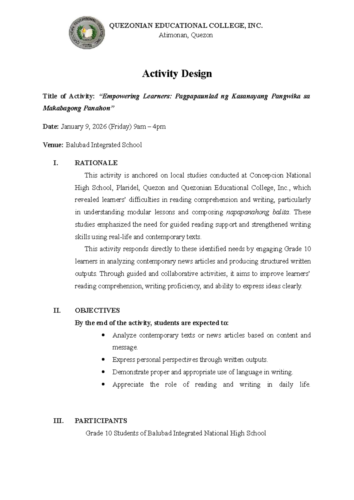 Final Activity Design: Pagpapaunlad ng Kasanayang Pangwika for Grade 10 ...