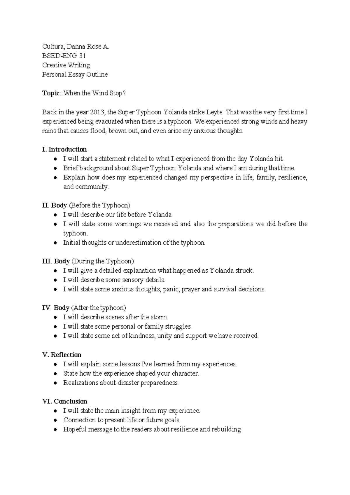 Cultura, Danna Rose A. Creative Writing Essay Outline: "When the Wind ...