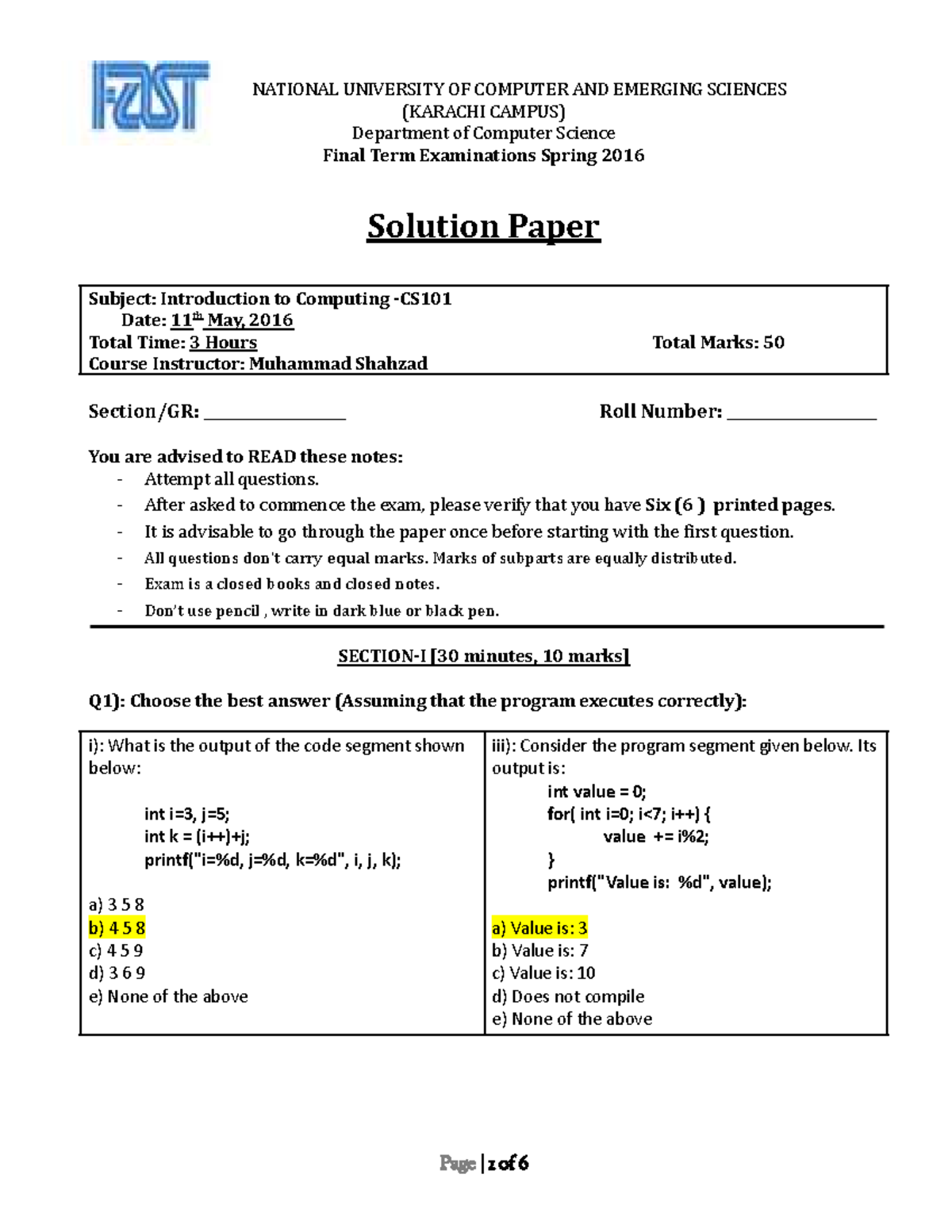 CS118 Introduction to Computing Final Term Exam Solutions - Spring 2016 ...