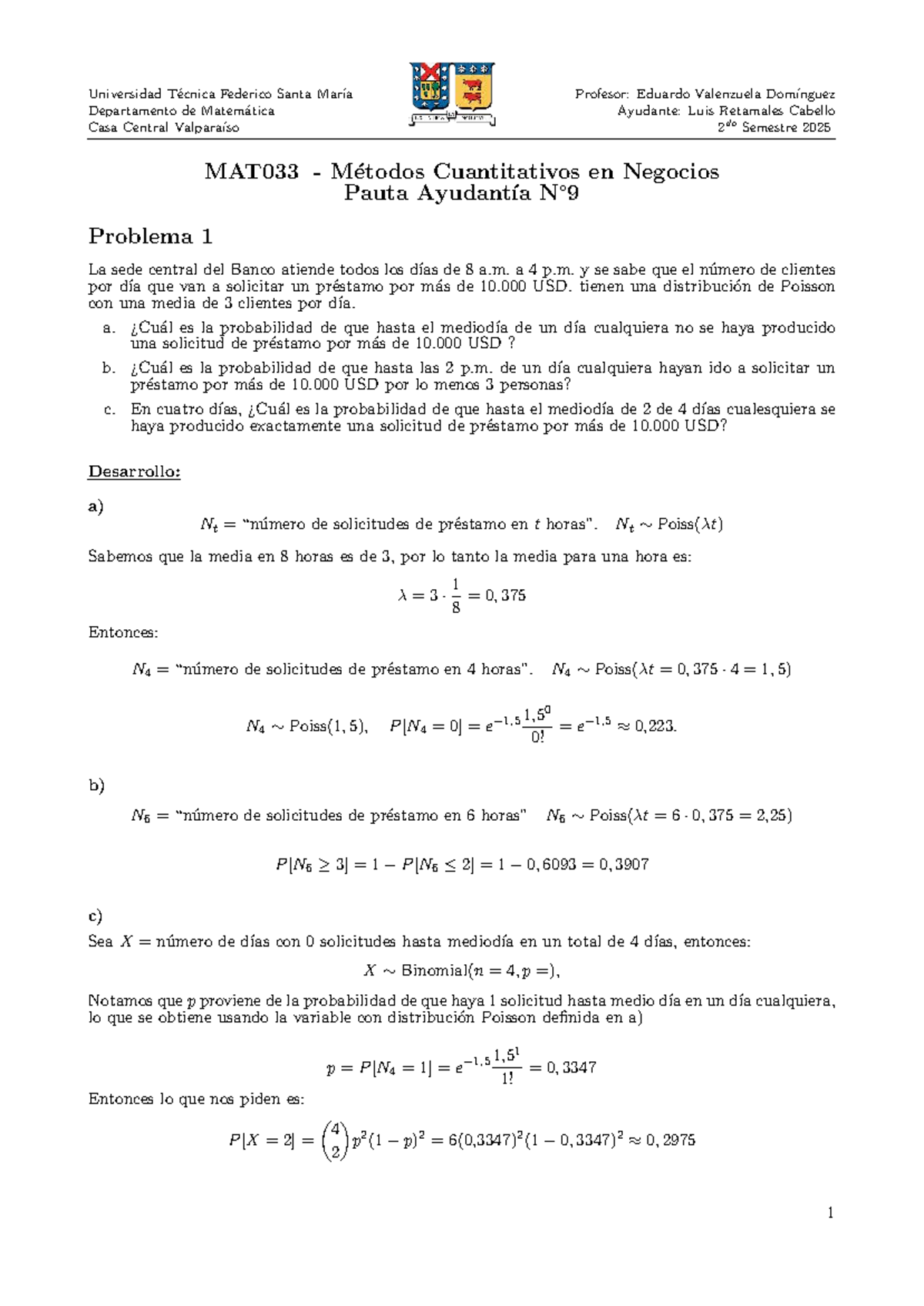 Pauta Ayudantía 9 MAT033: Problemas de Poisson y Binomial - Studocu