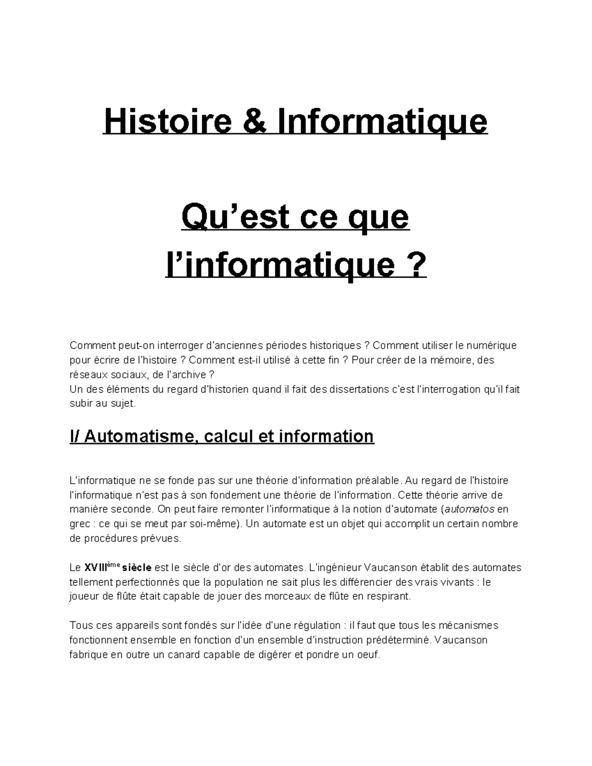 Histoire & Informatique - Cours Complet Semestre 1 Analysis - Studocu