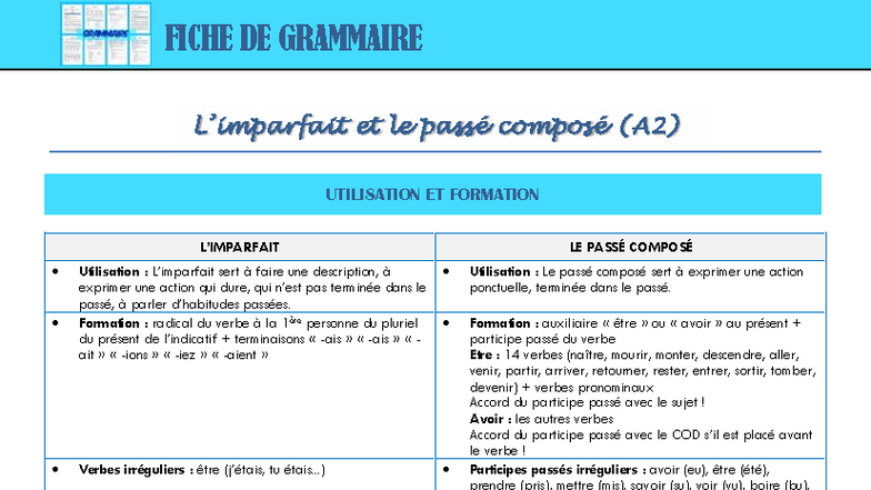 FICHE DE GRAMMAIRE : Passé Composé vs Imparfait (A2) - Studocu