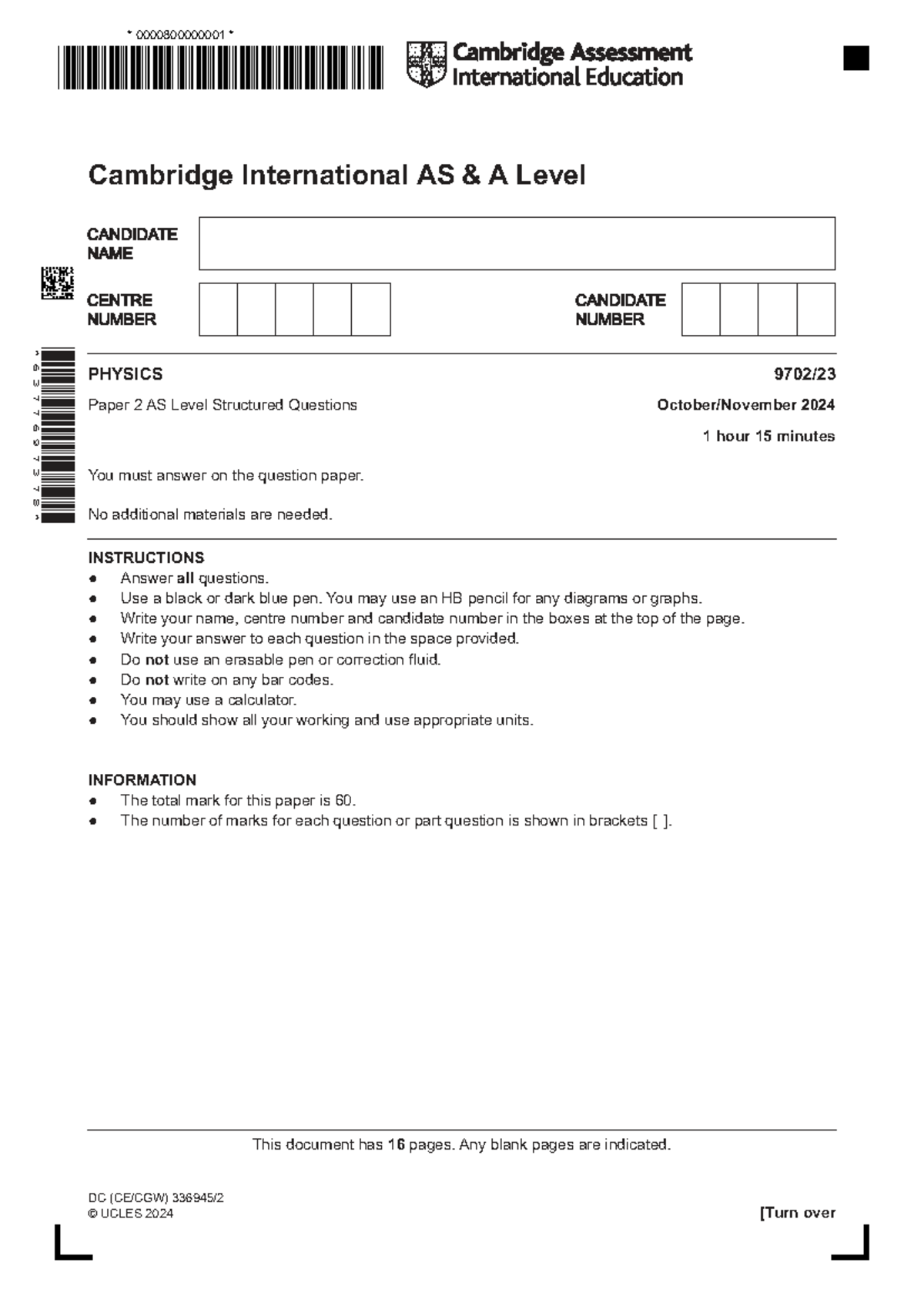 9702 W24 QP 23 - AS Level Physics Question Paper October/November 2024 ...