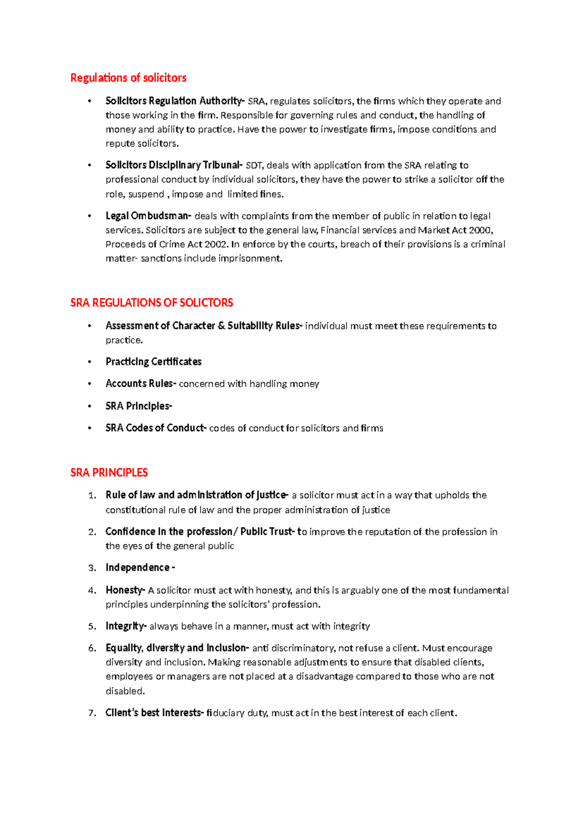Professional Conduct Lecture Notes (SRA Regulations Overview) - Studocu