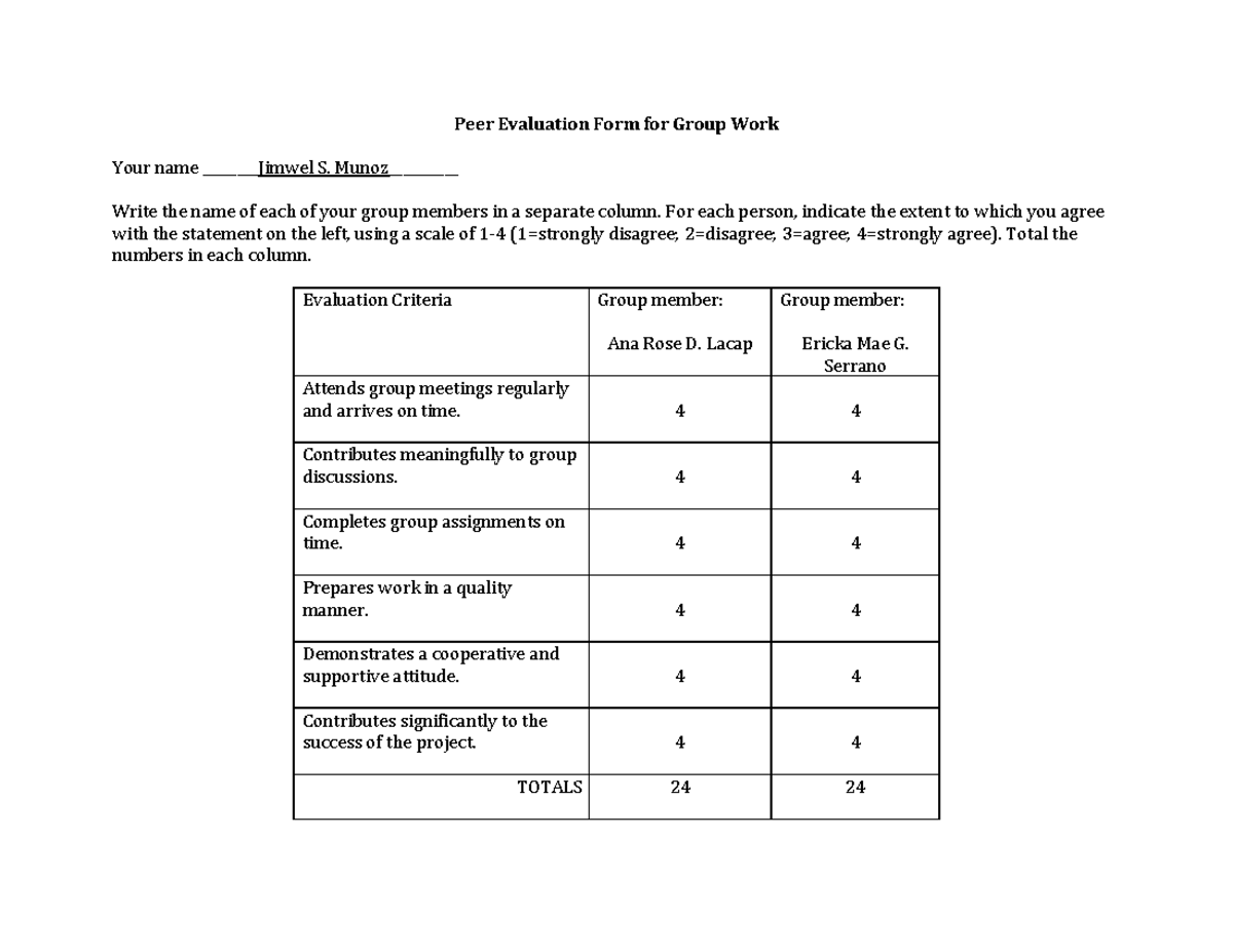 Peer Evaluation Form for Group Work - Lab Notes - Studocu