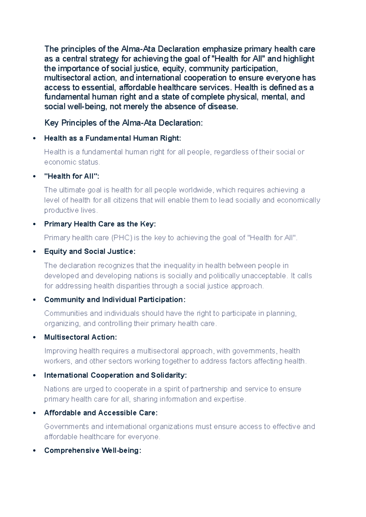 Alma Declaration Principles: Health as a Human Right and Equity - Studocu