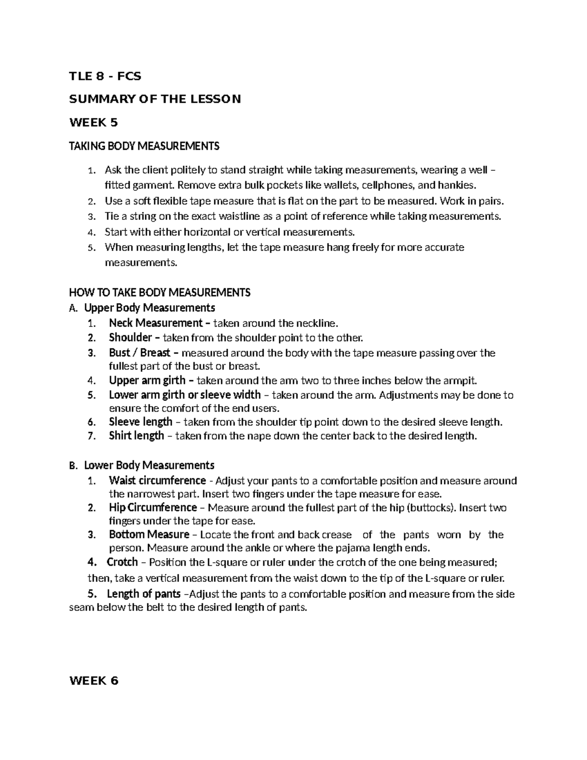 TLE 8 FCS WEEK 5-7 SUMMARY: Body Measurements & Pattern Drafting - Studocu