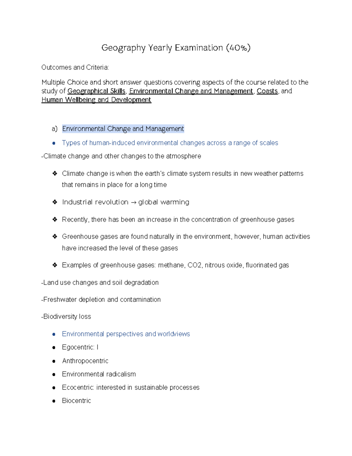 Geography Year 10 Final Exam Notes: Environmental Change & Coasts - Studocu