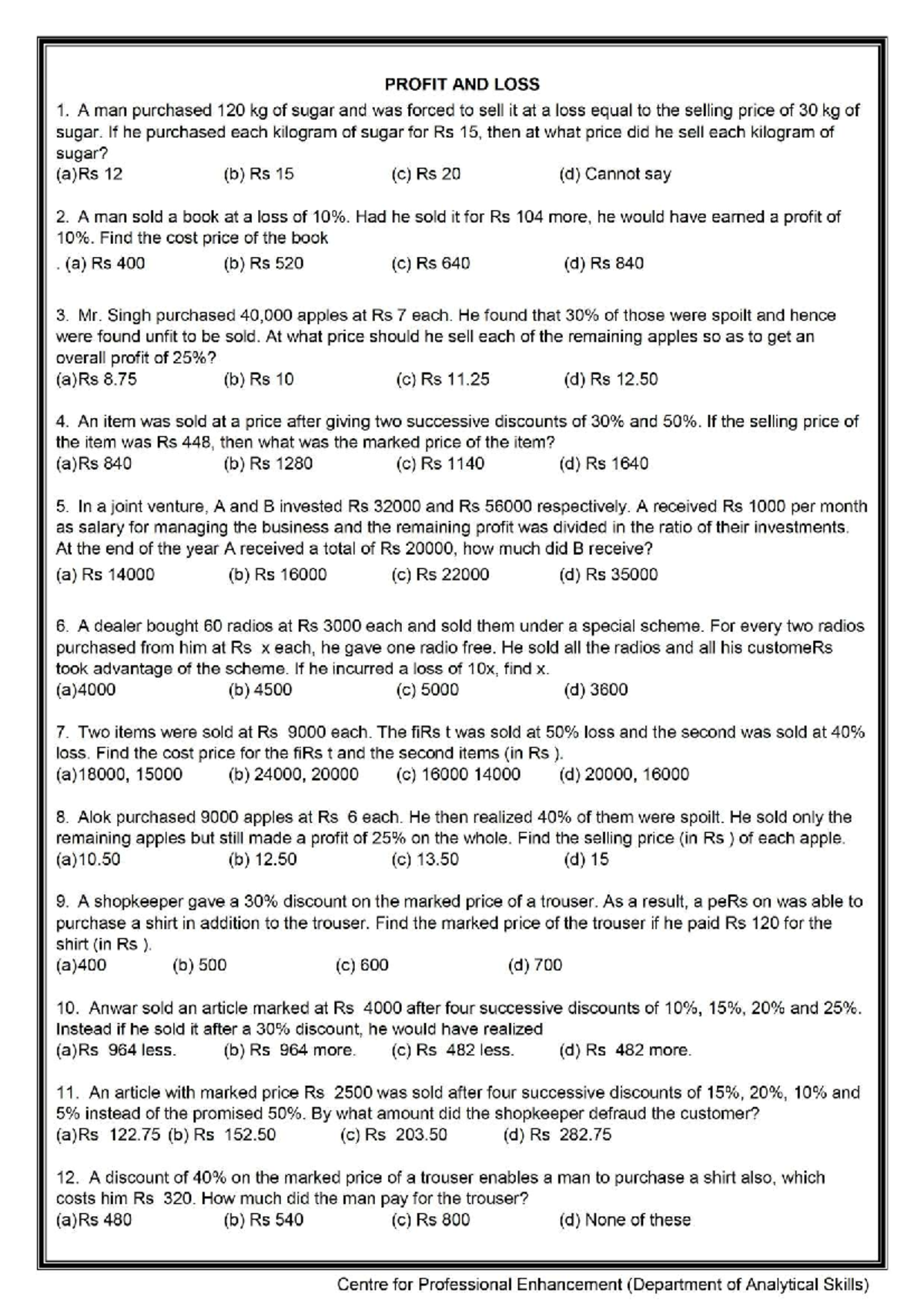 Profit and Loss Problems - Analytical Skills (Course Code: P&L) - Studocu