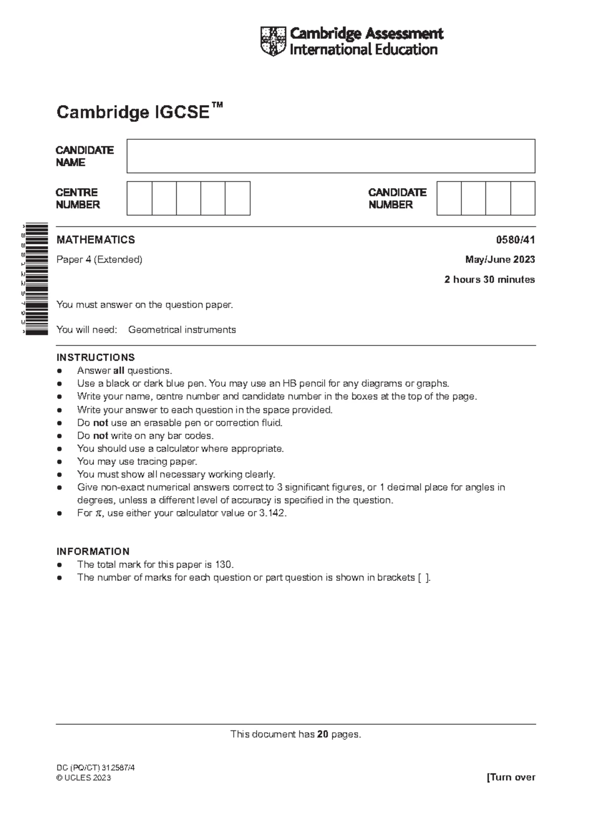 Cambridge IGCSE Mathematics 0580/2025 Paper 2 Mark Scheme - Studocu