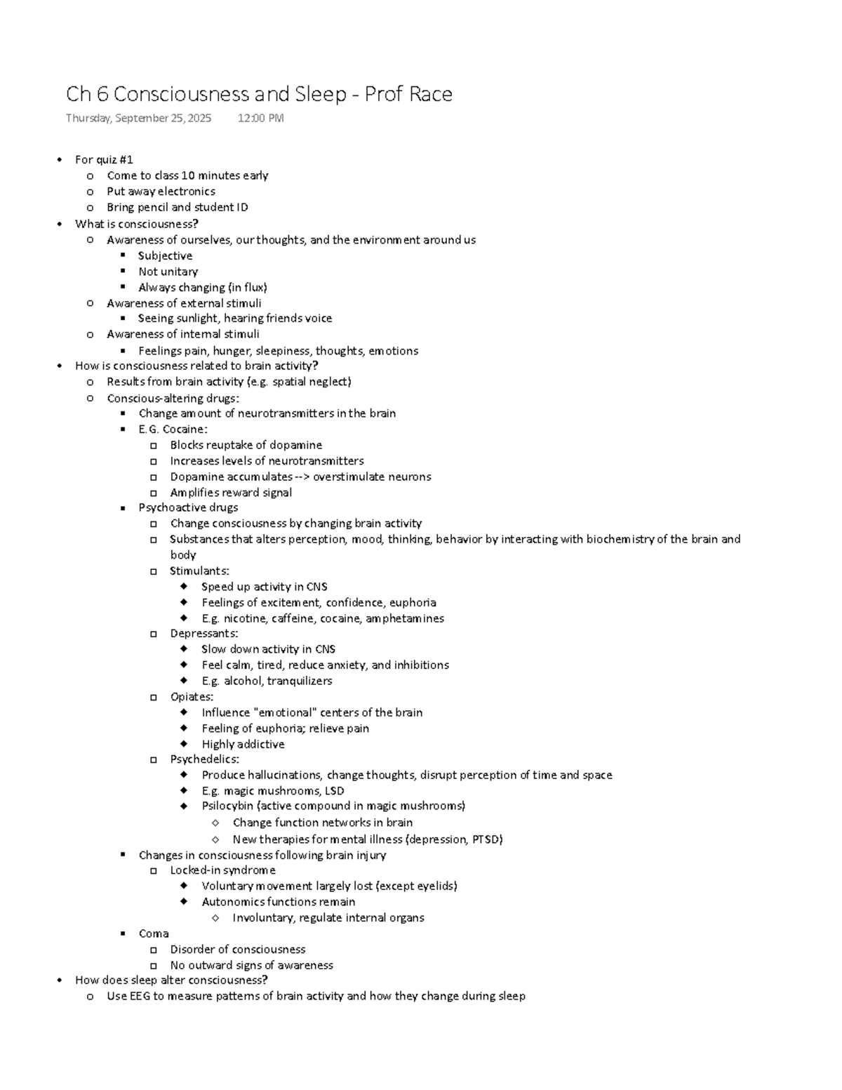 Ch 6: Consciousness and Sleep - Quiz #1 Study Guide - Studocu
