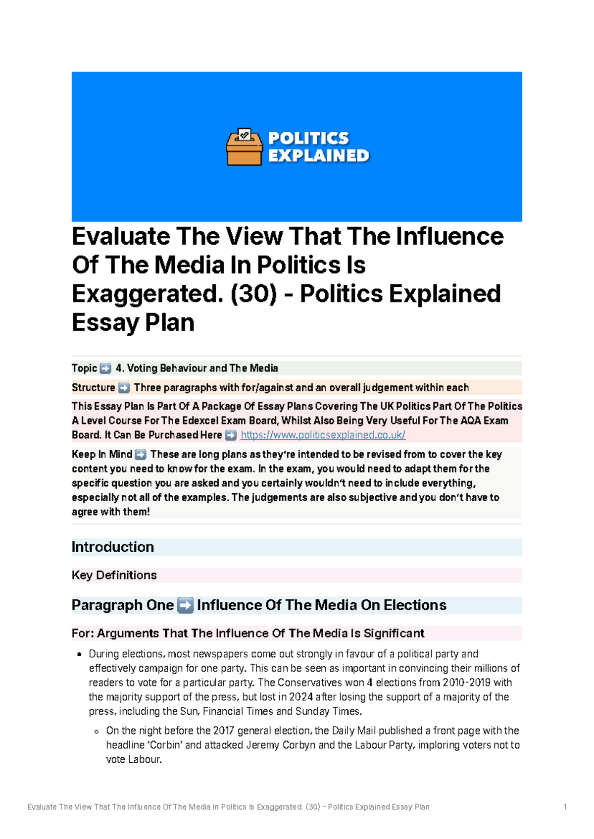 Evaluate the Media's Influence in Politics: An Essay Plan (30 ...