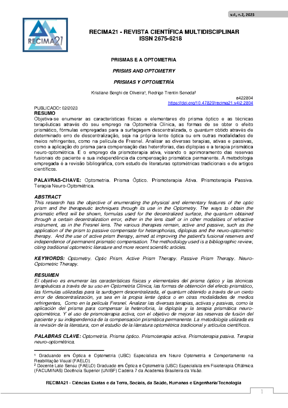 Prismas e Optometria: Características e Técnicas Terapêuticas - v.4, n ...