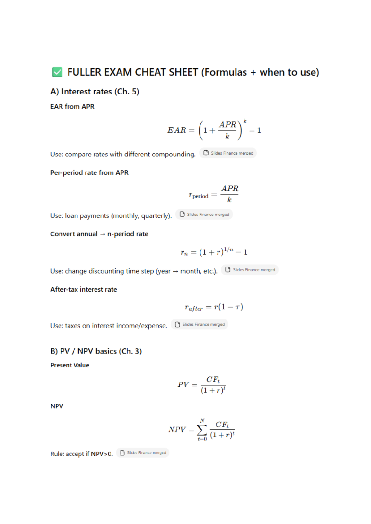 FIN 101 FINAL EXAM CHEAT SHEET: Key Finance Formulas & Concepts - Studocu