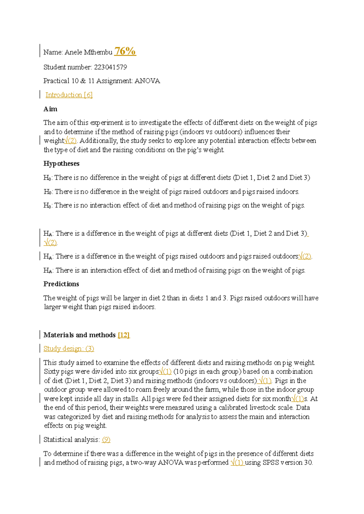 Prac 10-11: ANOVA Study on Diet and Raising Methods Impact on Pig Weight - Studocu