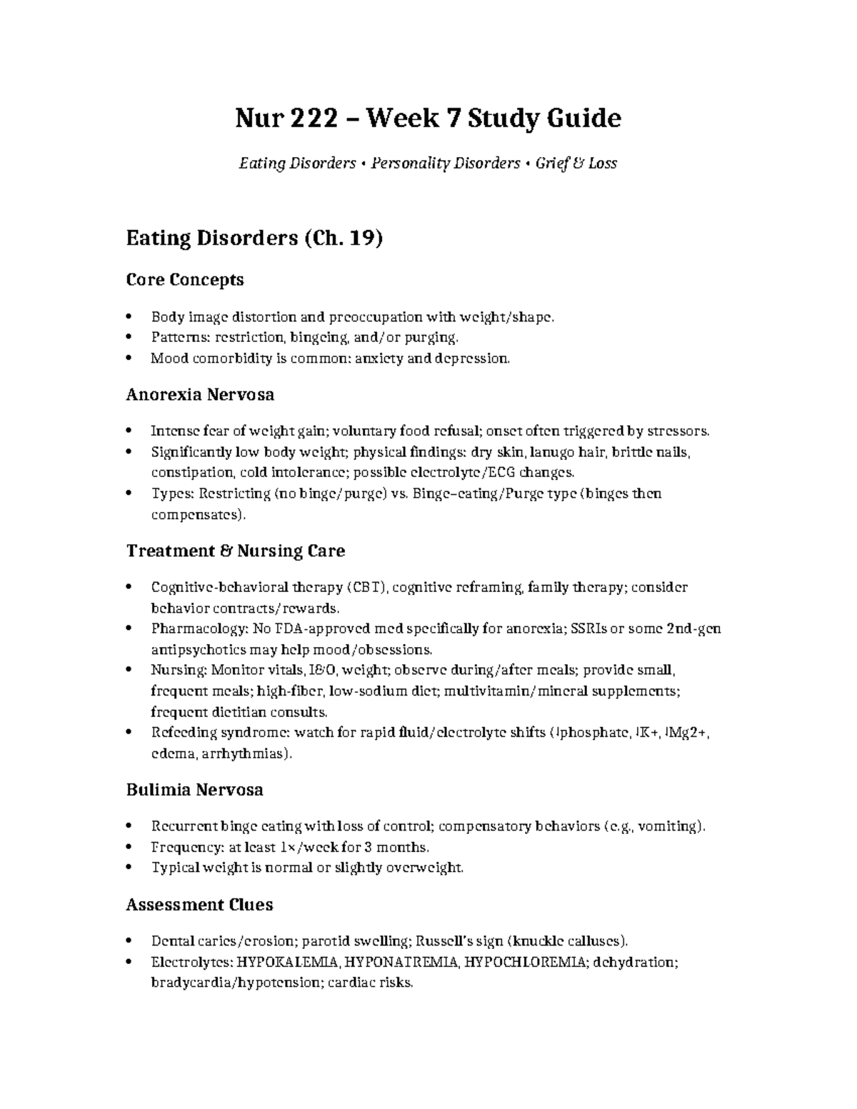 Nur 222 - Week 7 Study Guide: Eating & Personality Disorders Overview ...