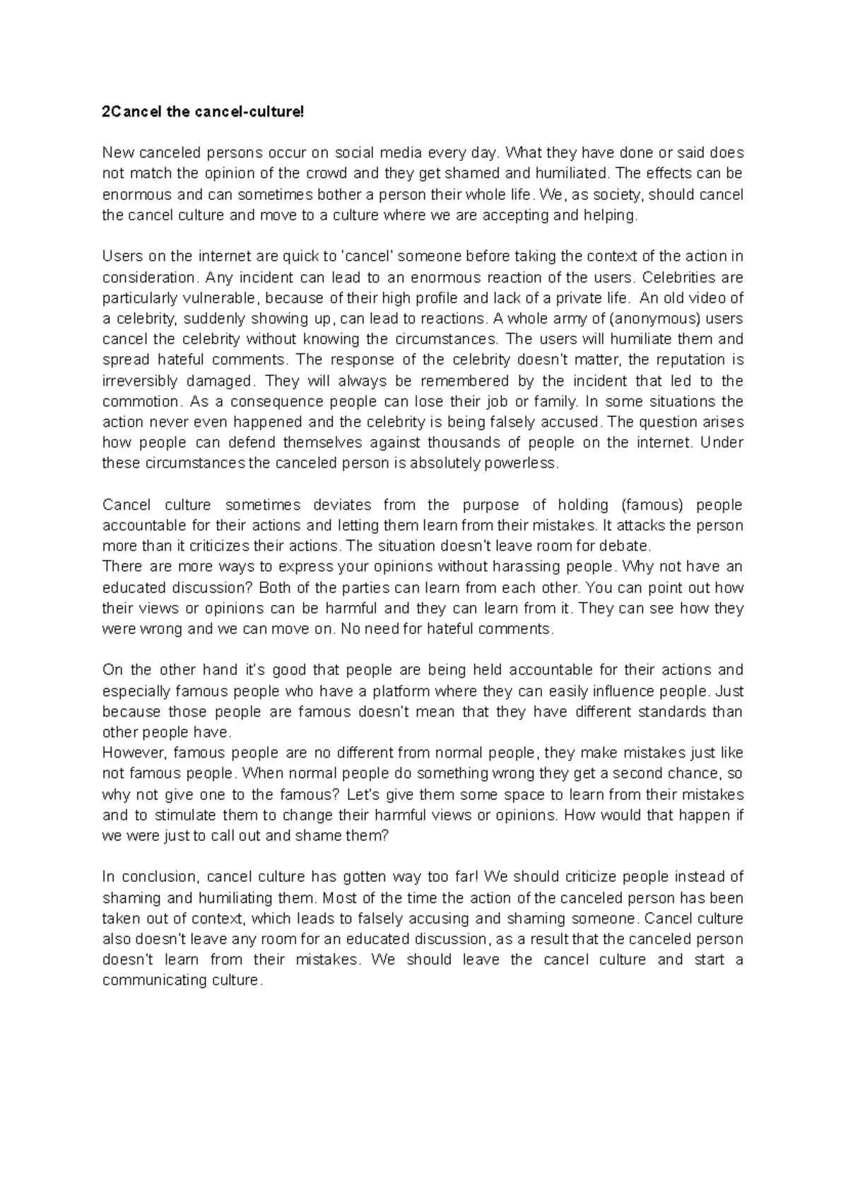 ENG 101 Essay: Analyzing the Dangers of Cancel Culture - Studeersnel