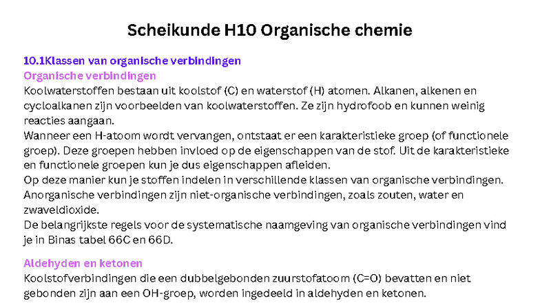 Scheikunde H10: Organische Verbindingen en Reacties - Studeersnel