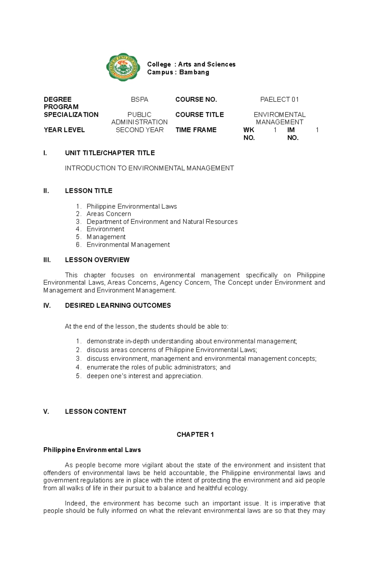 BSPA PAELECT 01: Introduction to Environmental Management Notes - Studocu