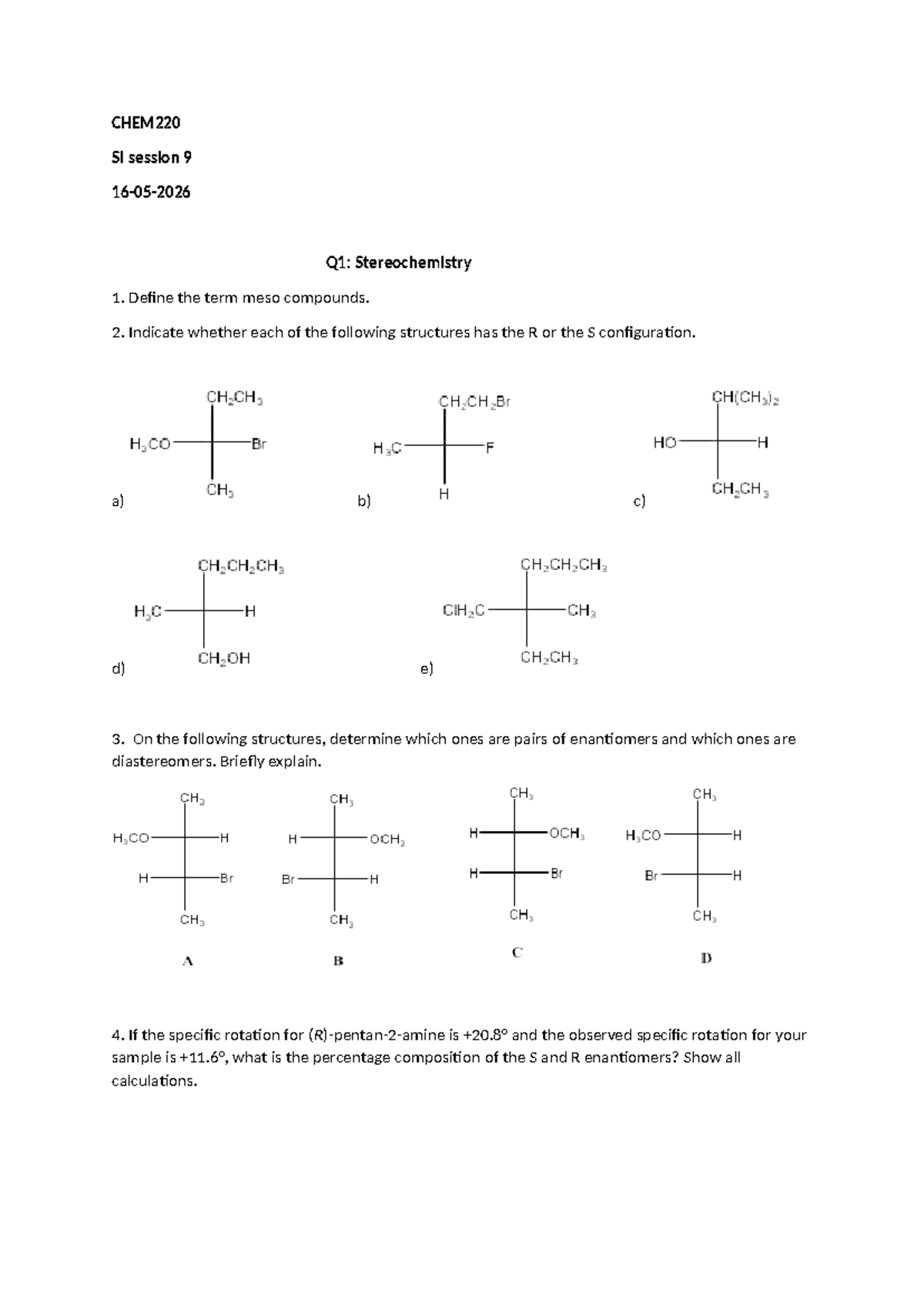 CHEM220 SI Session 9: Meso Compounds & Stereochemistry Analysis - Studocu
