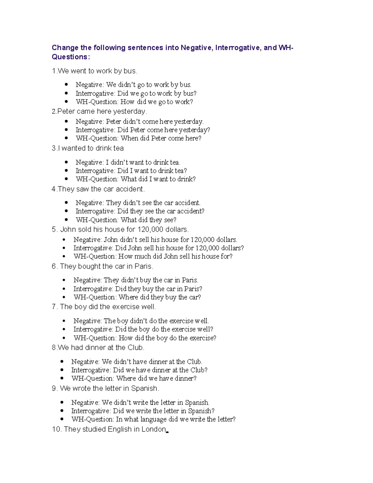 Homework on Negative, Interrogative, and WH-Questions - Studocu