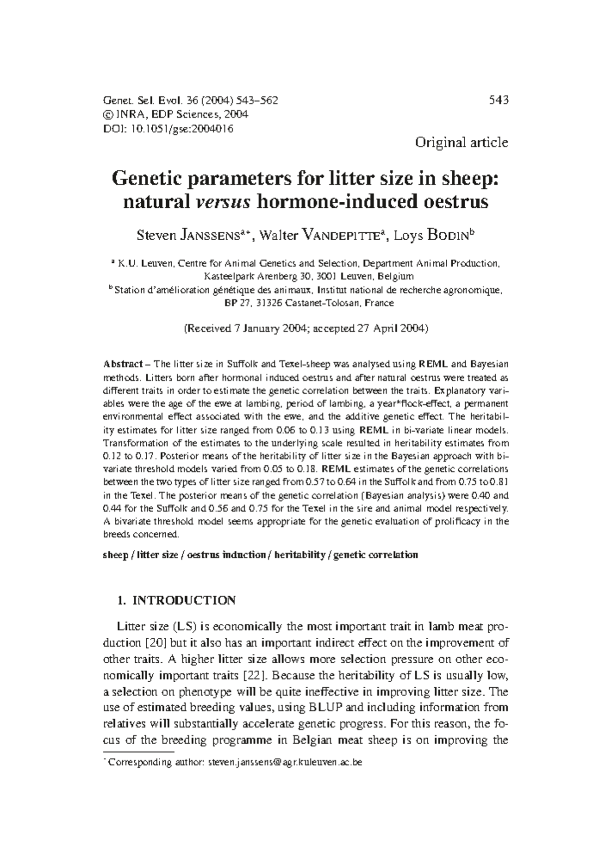 Genetic Parameters for Litter Size in Sheep: Natural vs. Oestrus (543 ...