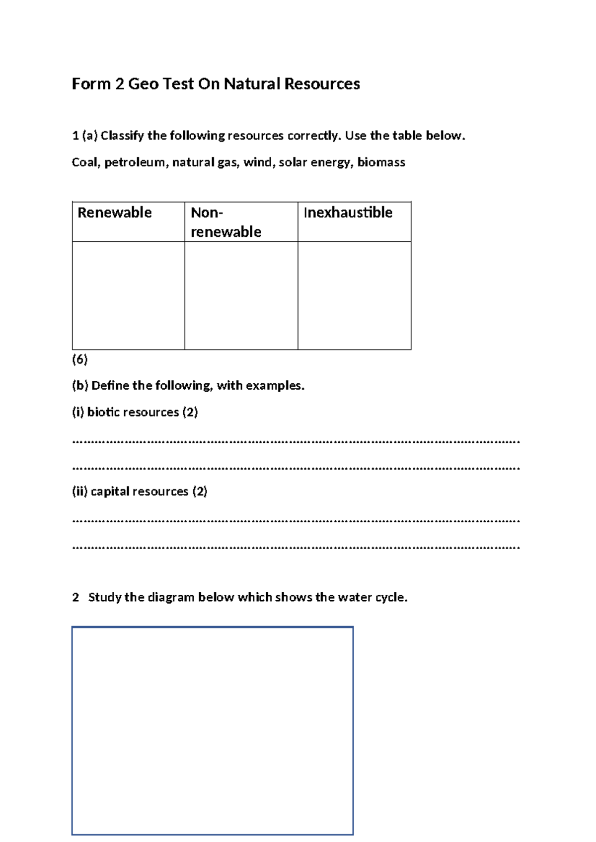 Form 2 Geo Test: Classification of Natural Resources and Water Cycle ...