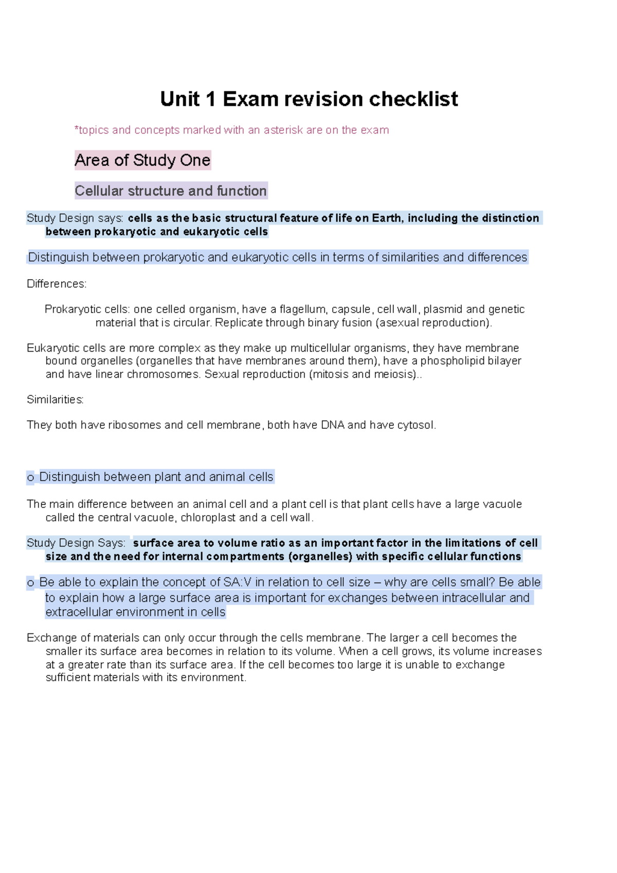Unit 1 Exam Revision Checklist: Key Concepts in Cellular Biology - Studocu