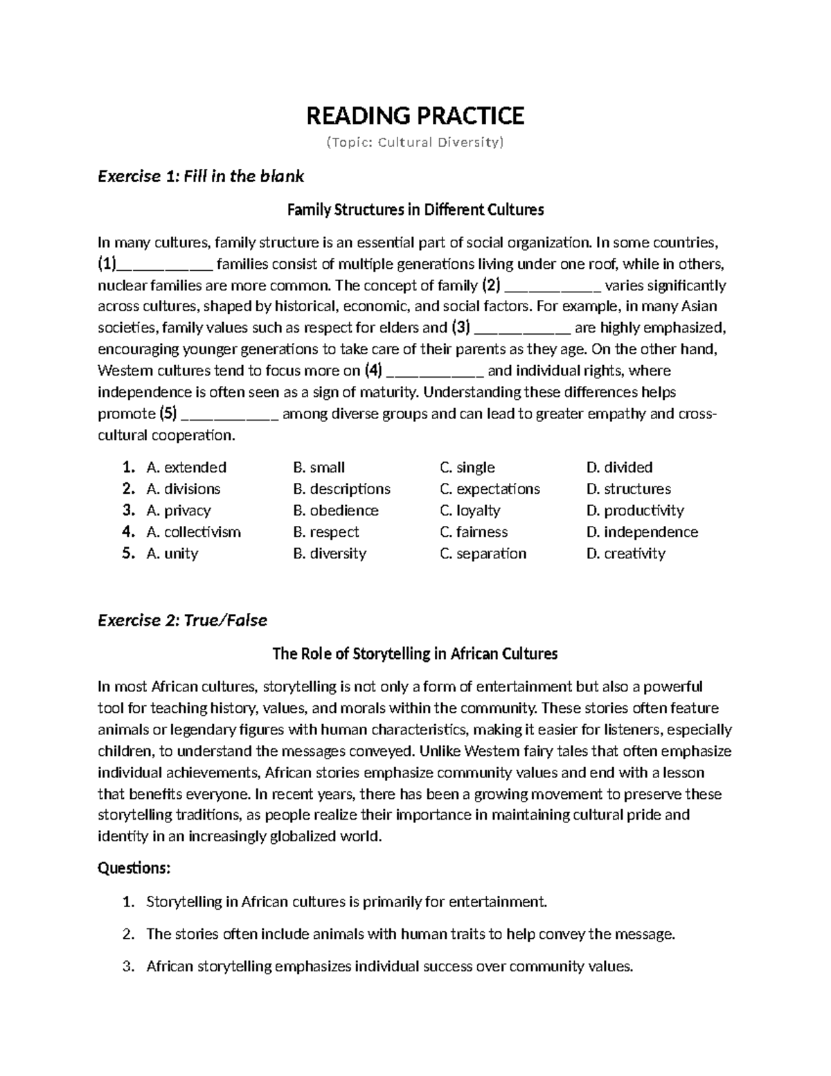 Cultural Diversity Reading Practice: Exercises & Insights - Studocu