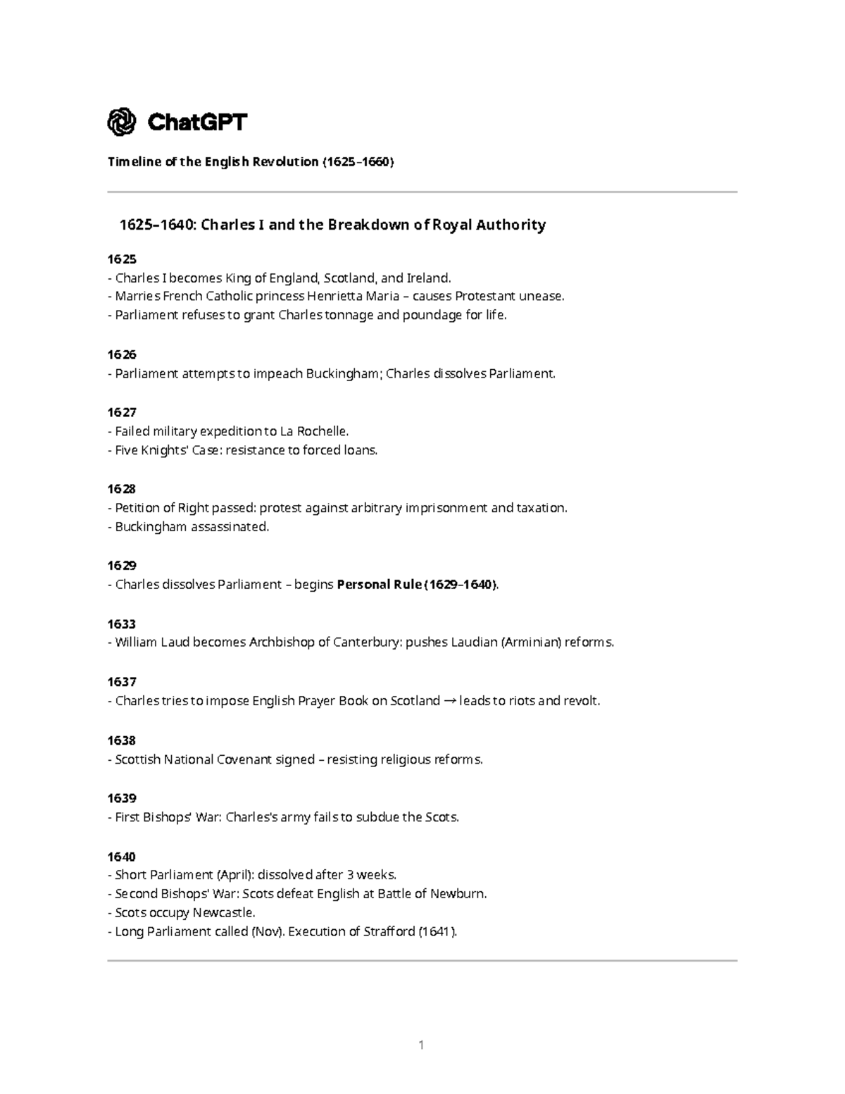 English Revolution Timeline: Key Events from 1625 to 1660 - Studocu