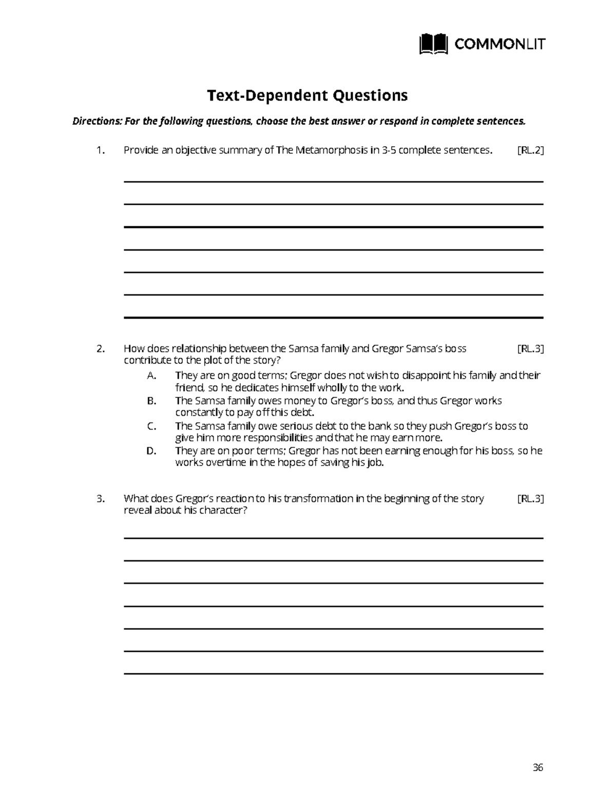 The Metamorphosis: CL Text-Dependent Questions & Discussion Prompts ...