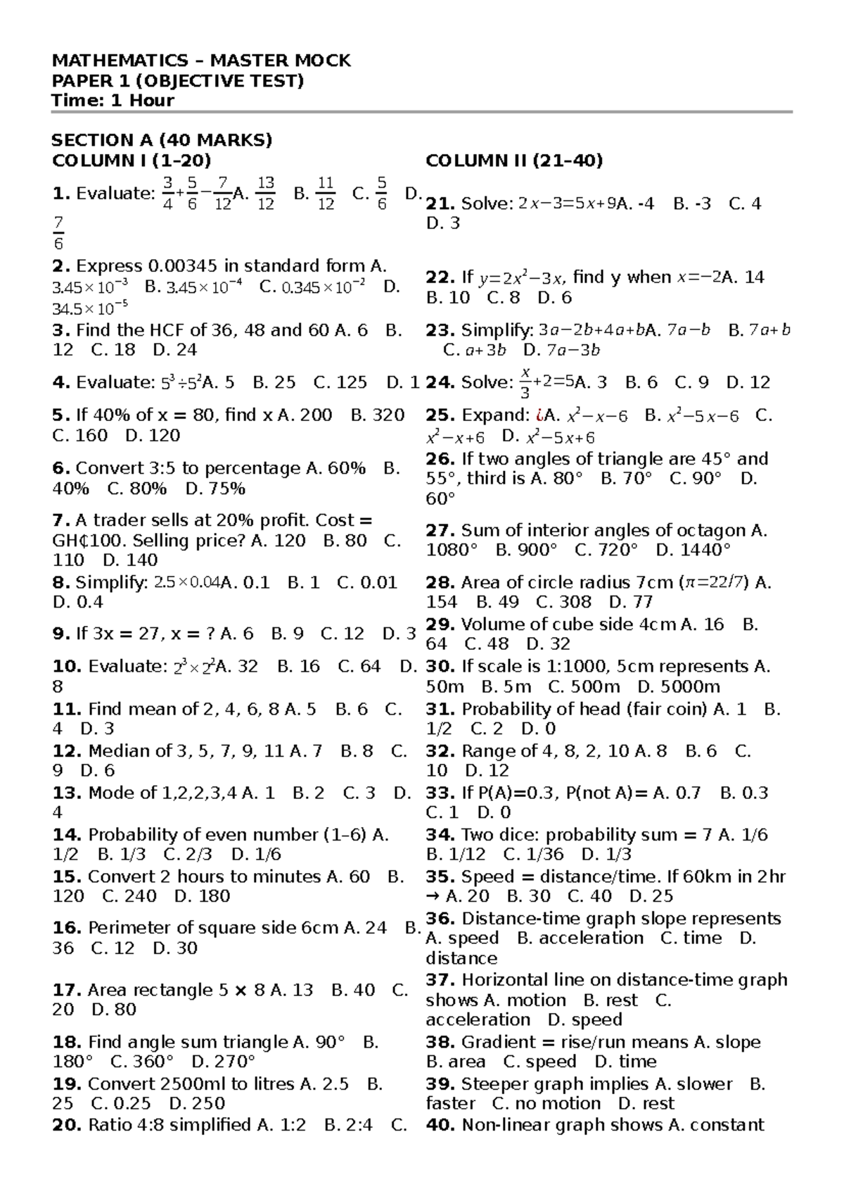 MATHEMATICS MASTER MOCK PAPER 1 (OBJECTIVE TEST) - Studocu