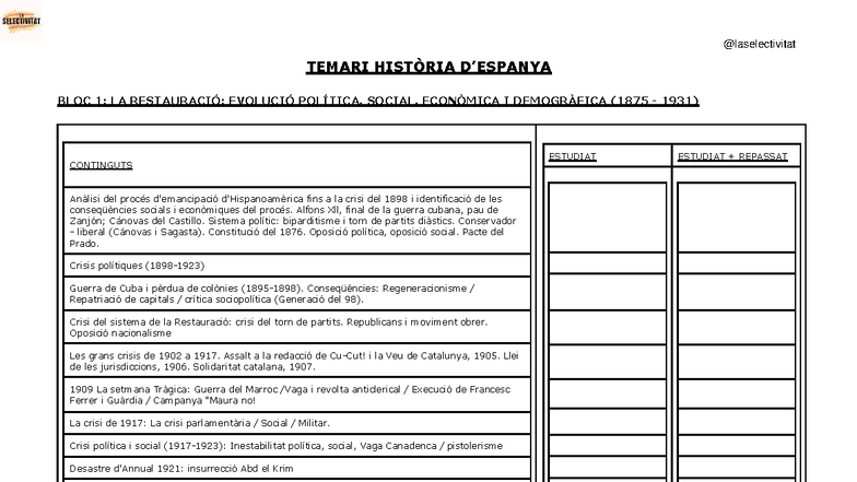 TEMARI HISTÒRIA BLOC 1-6: EVOLUCIÓ POLÍTICA I SOCIAL (1875-1978) - Studocu