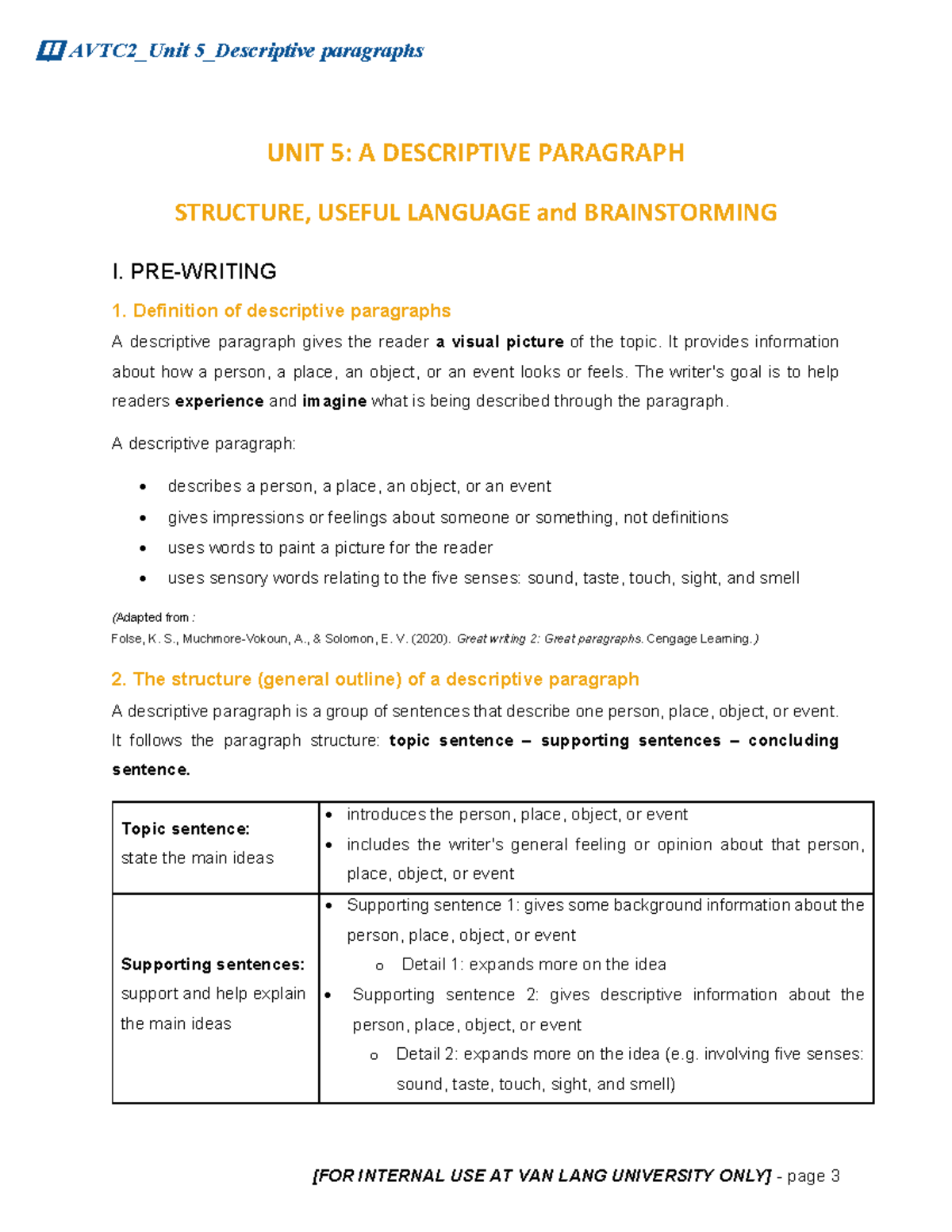AVTC2 Unit 5 Descriptive Paragraph Structure and Brainstorming Guide ...