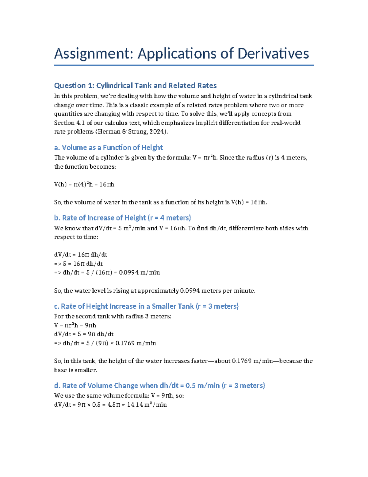 Calculus Assignment: Related Rates & Optimization Problems (MATH 101 ...