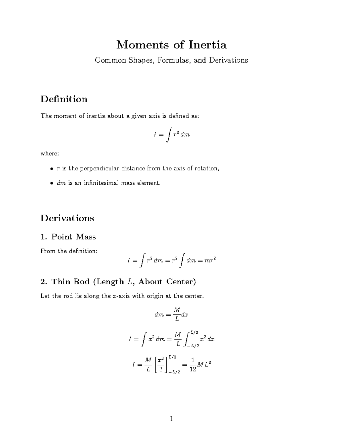 Moments of Inertia: Common Shapes, Formulas & Derivations - Studocu