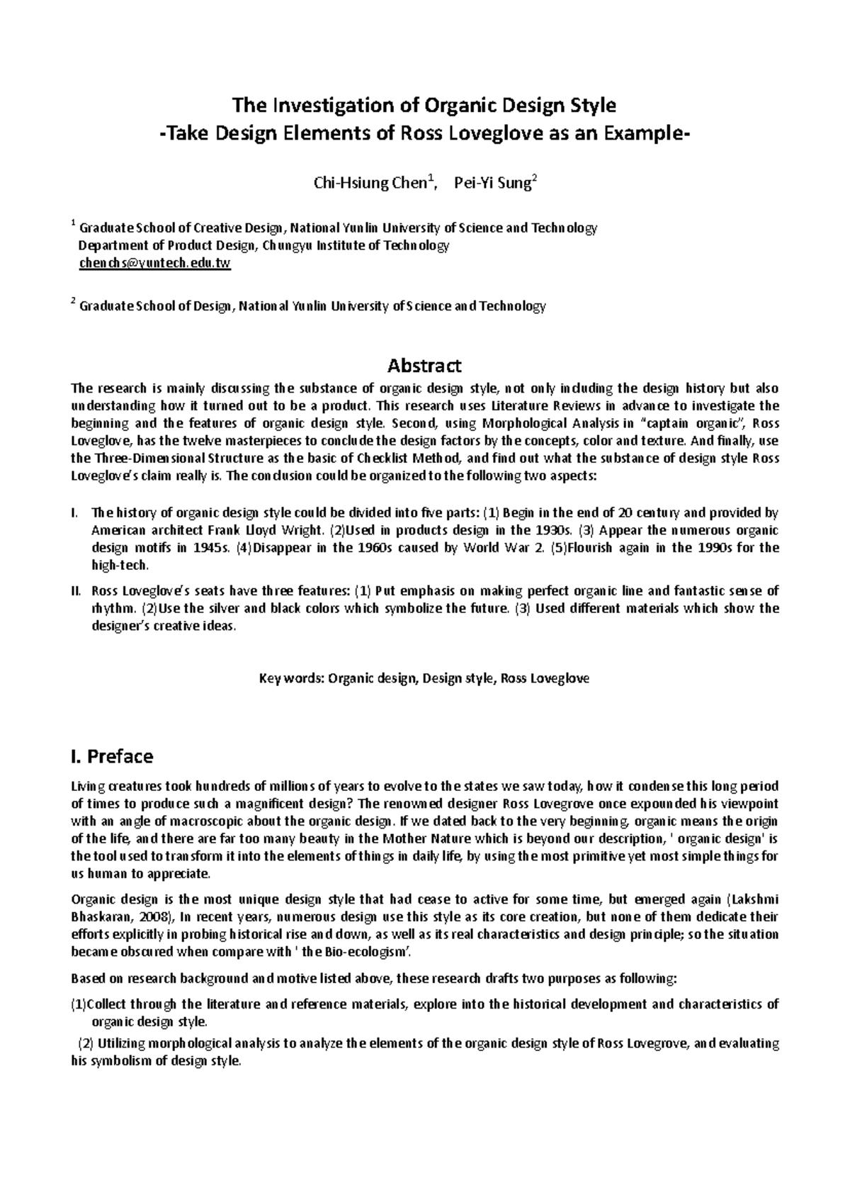 Organic Design Elements in Ross Lovegrove's Work: A Study (Chen1, Sung2 ...