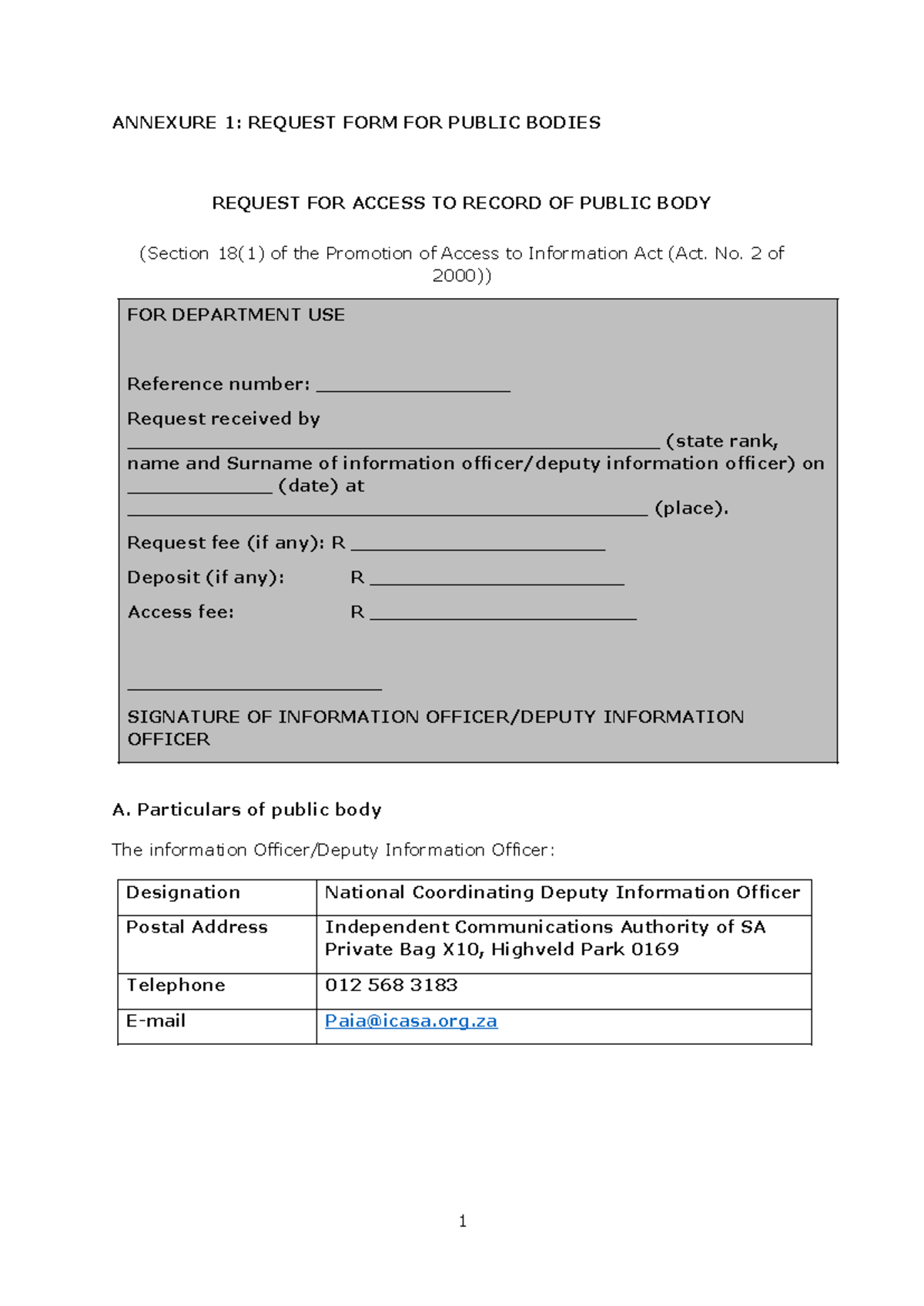 PAIA Form Annexure 1: Access Request for Public Body Records - Studocu