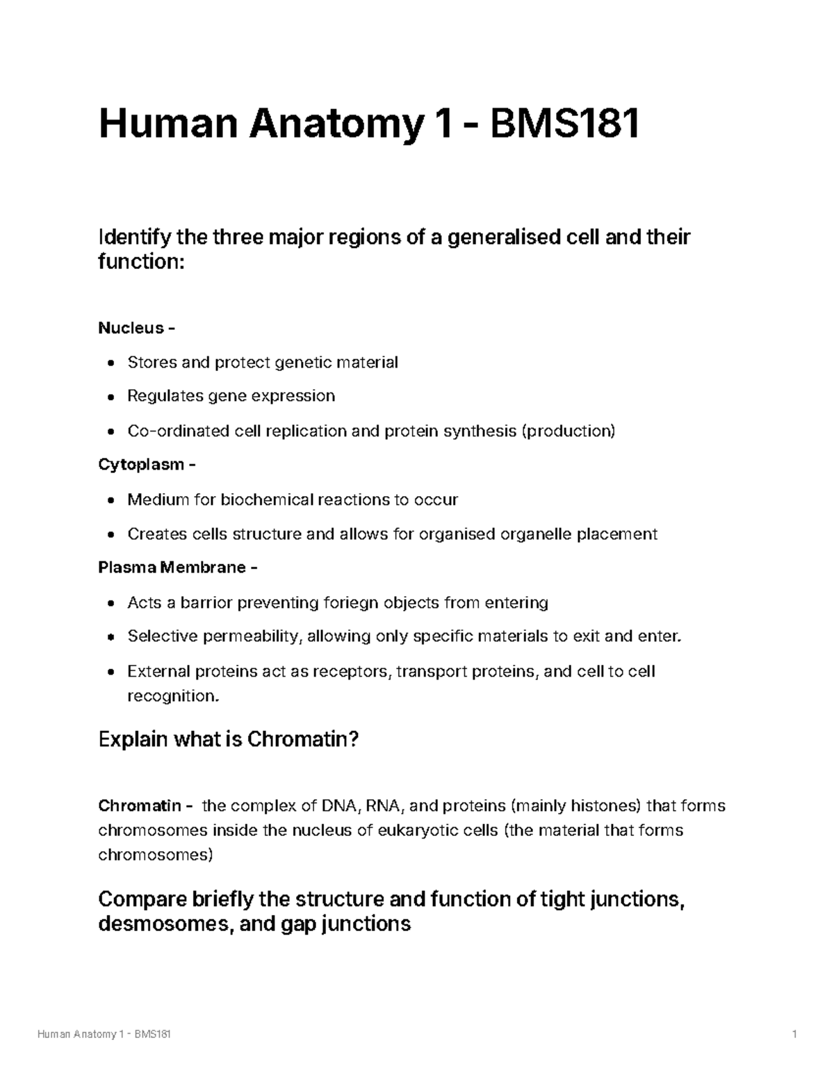 Human Anatomy 1 - BMS181: Cell Structure & Intercellular Junctions ...