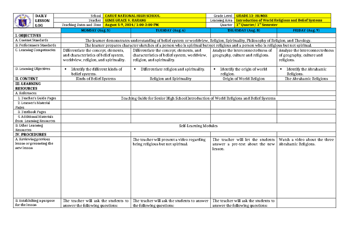 DLL Lesson Plan: Introduction to World Religions & Belief Systems - Studocu
