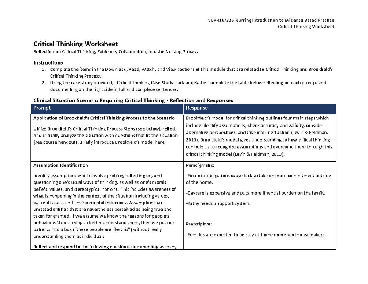 NUR426 Critical Thinking Worksheet Brookfield - Critical Thinking ...
