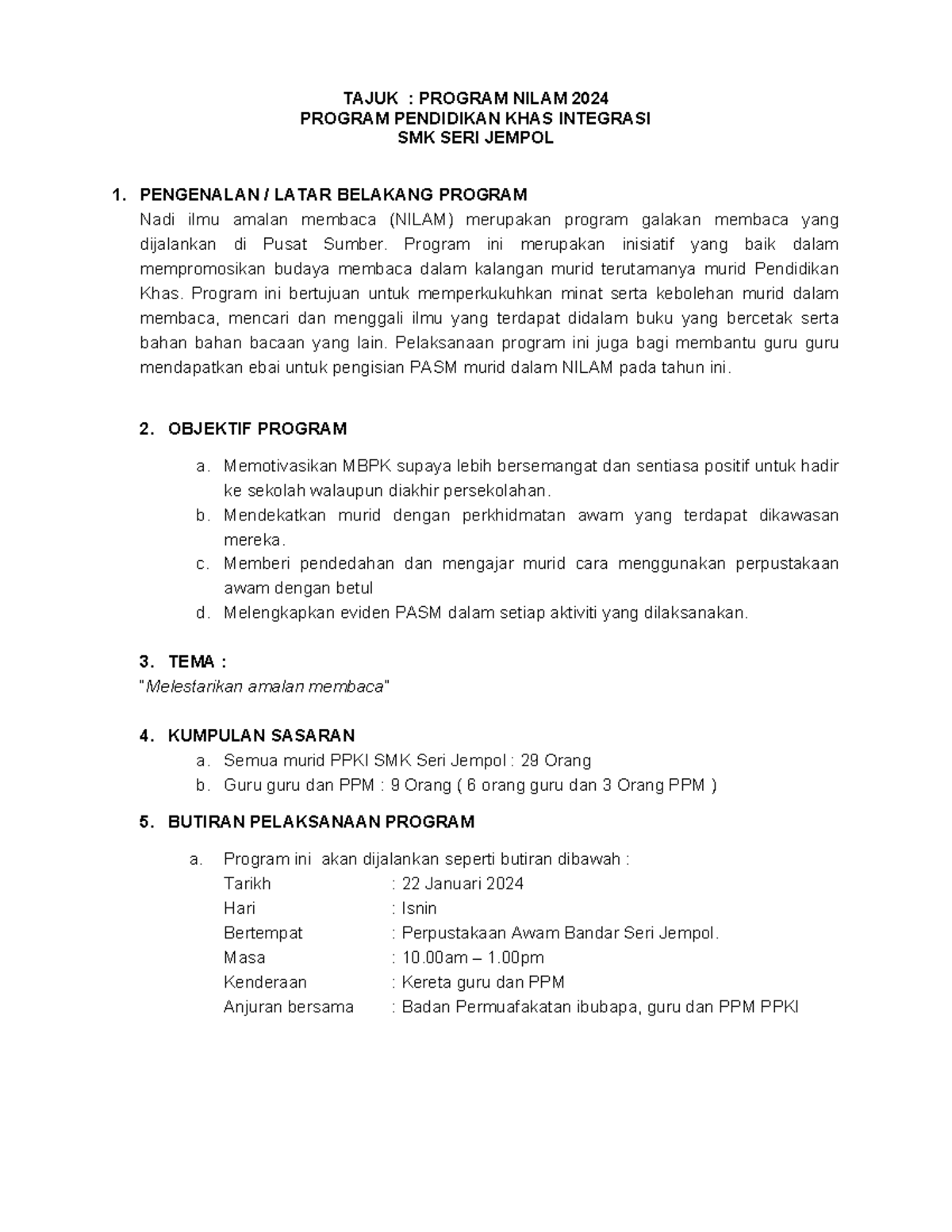 Program Nilam 2024: Galakan Membaca di SMK Seri Jempol - Studocu