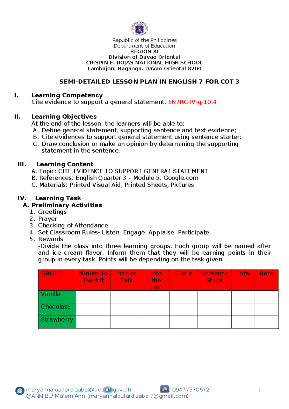 DLP-COT 3: Semi-Detailed Lesson Plan for English 7 - Quarter 3 - Studocu