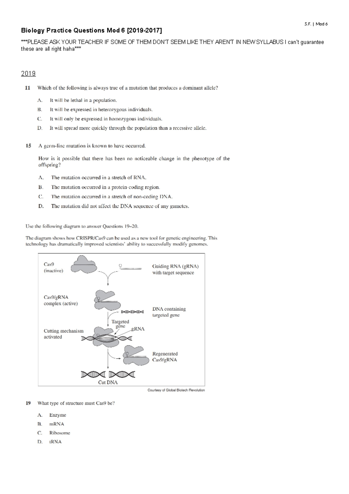 Biology Practice Questions Mod 6 - a. Identify the evidence of ...