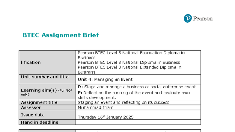 BTEC Level 3 Unit 4: Managing an Event Assignment Brief 2024-25 - Studocu