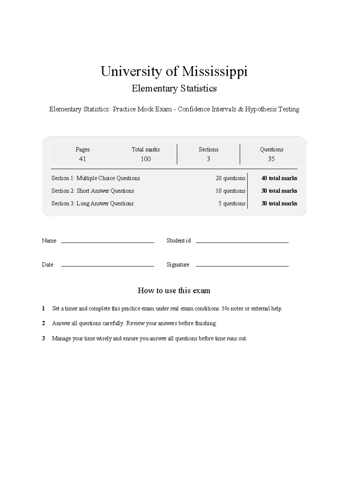 Math 115: Ole Miss Elementary Statistics Practice Mock Exam 2026 - Studocu
